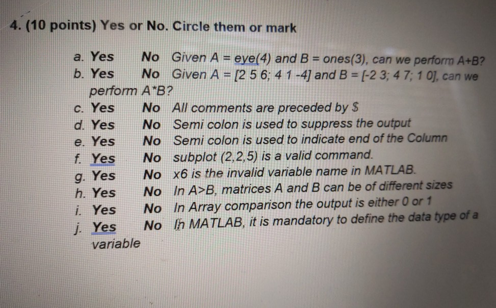 Solved 4. (10 points) Yes or No. Circle them or mark a. Yes | Chegg.com