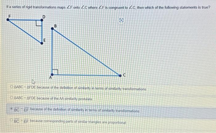 Solved If a series of rigid transformations maps ∠F onto ∠C | Chegg.com