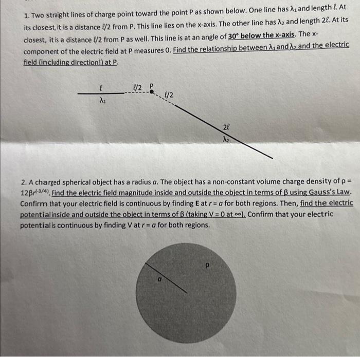 Solved 1. Two stright lines of charge point toward the point | Chegg.com