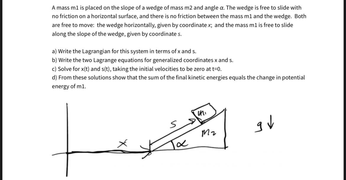 Solved A mass m1 ﻿is placed on the slope of a wedge of mass | Chegg.com