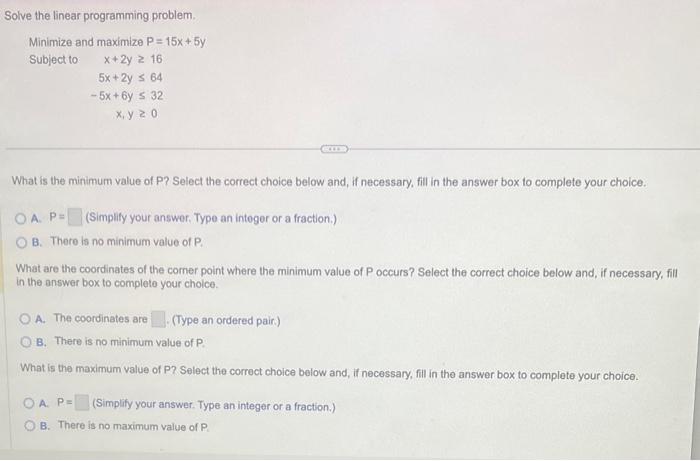Solved Solve the linear programming problem. Minimize and | Chegg.com