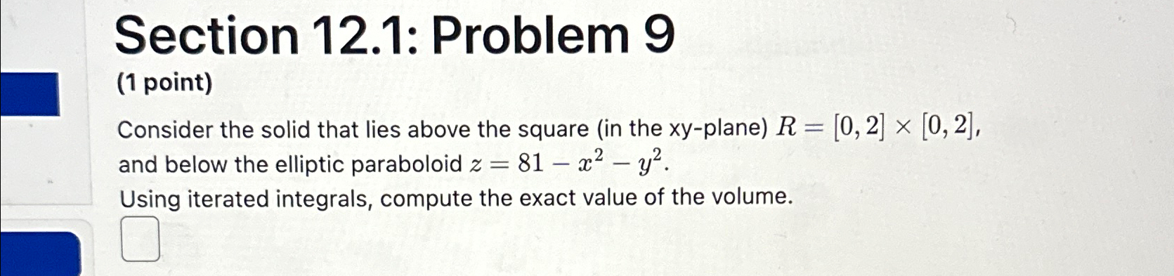 Solved Section 12.1: Problem 9(1 ﻿point)Consider the solid | Chegg.com