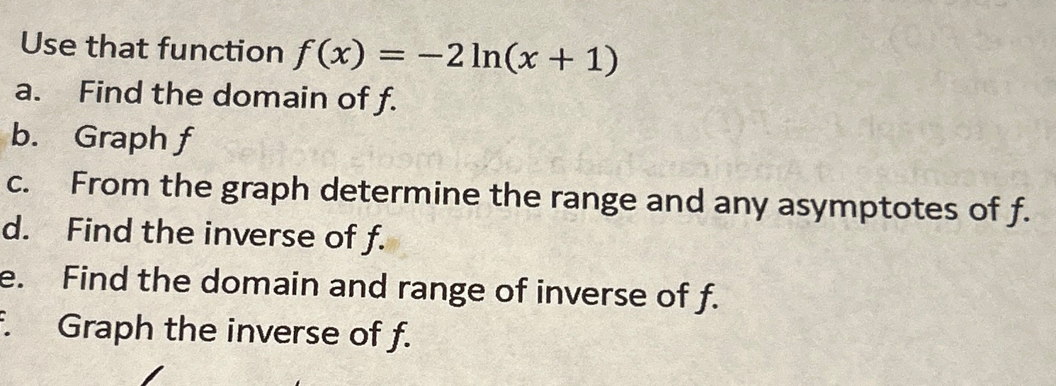 Solved Use that function f(x)=-2ln(x+1)a. ﻿Find the domain | Chegg.com