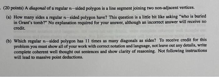 Solved (20 points) A diagonal of a regular n-sided polygon | Chegg.com