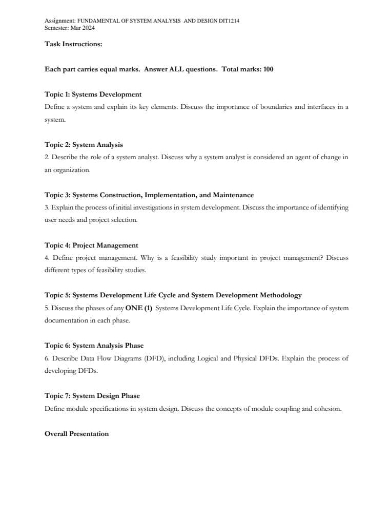 Solved Assignment: FUNDAMENTAL OF SYSTEM ANALYSIS AND DESIGN | Chegg.com