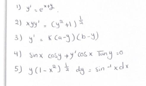 Solved y′=ex+yxyy′=(y2+1)21y′=k(a−y)(b−y)sinxcosy+y′cosxTany | Chegg.com