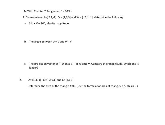 Solved Mcv4u Chapter 7 Assignment 130 1 Given Vectors 