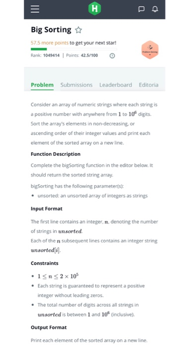 Solved Big Sorting 57.5 more points to get your next star! | Chegg.com