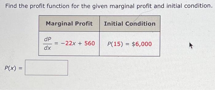 Solved Find the profit function for the given marginal | Chegg.com