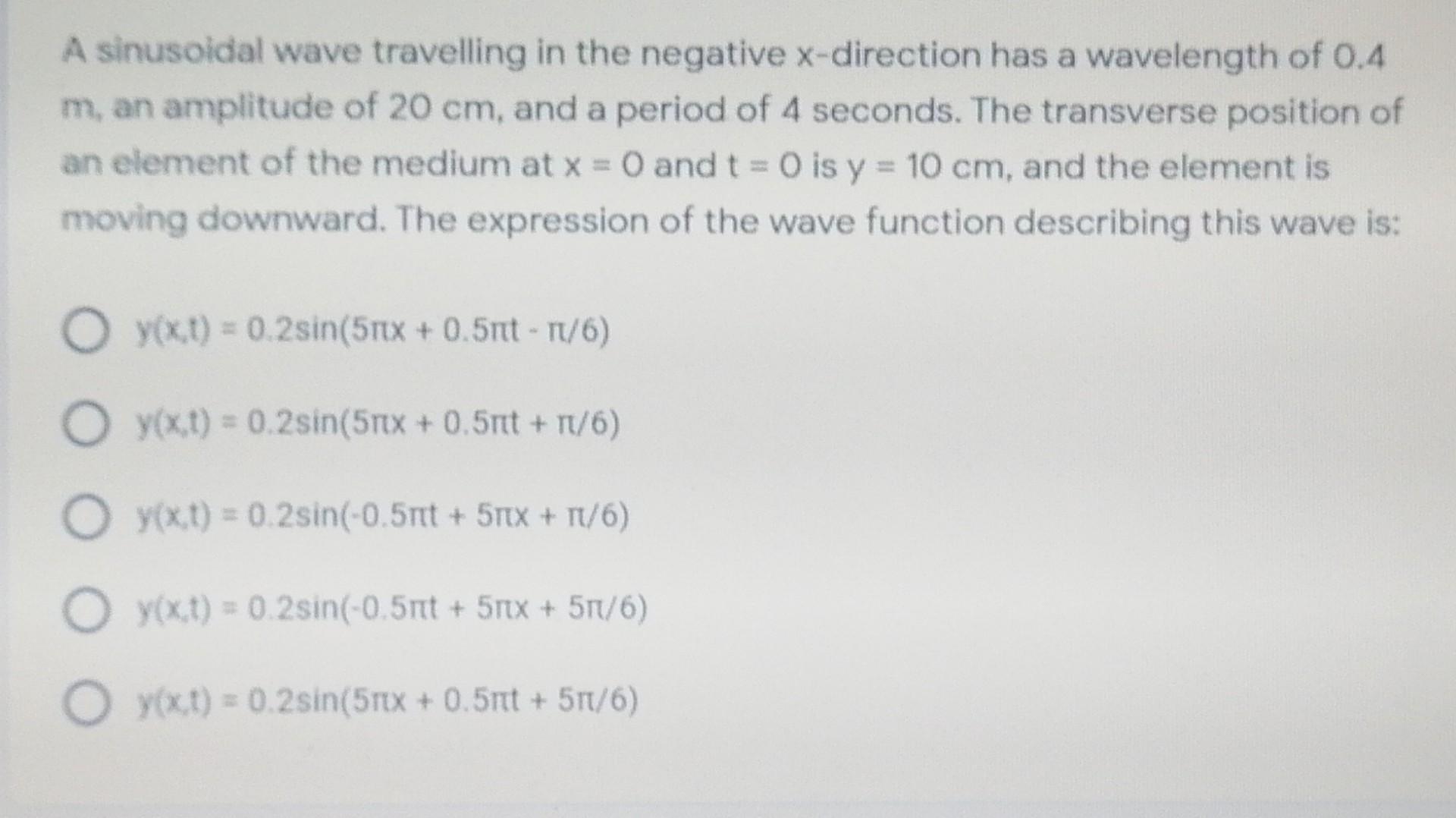 Solved A sinusoidal wave travelling in the negative | Chegg.com