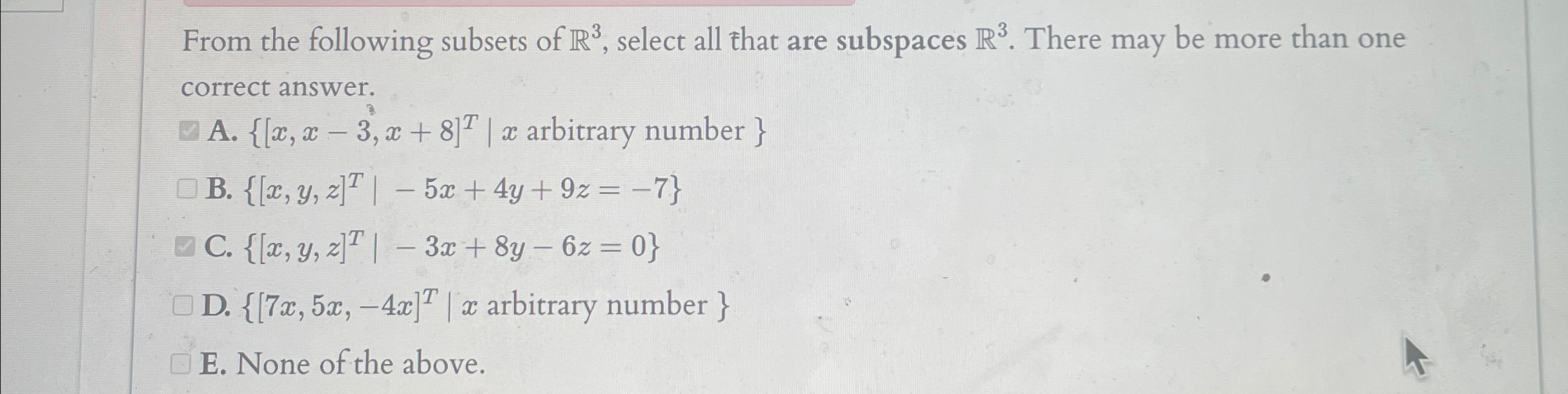 Solved From the following subsets of R3, ﻿select all that | Chegg.com