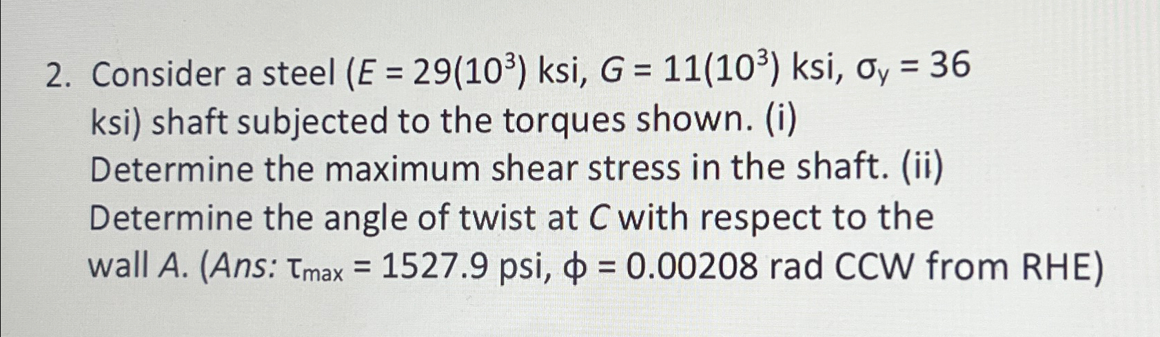 Solved Consider a steel ksi) ﻿shaft subjected to the | Chegg.com