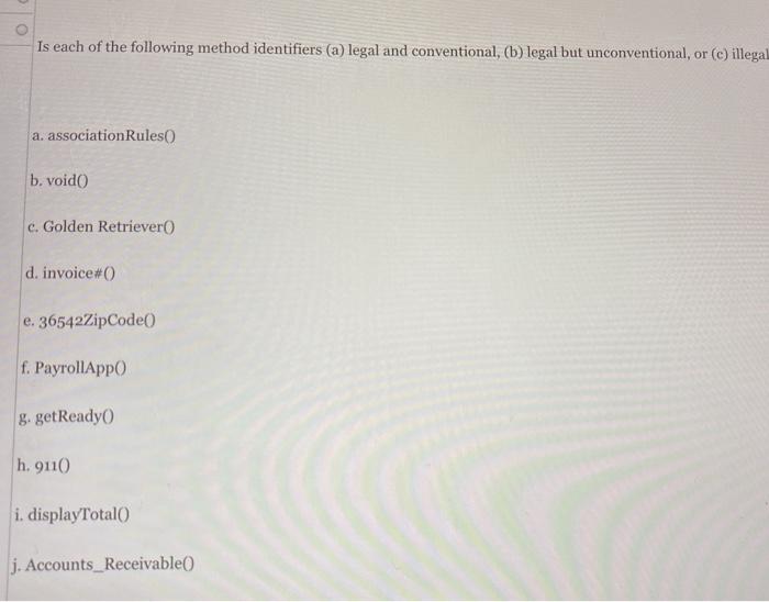 Solved Is each of the following method identifiers (a) legal | Chegg.com
