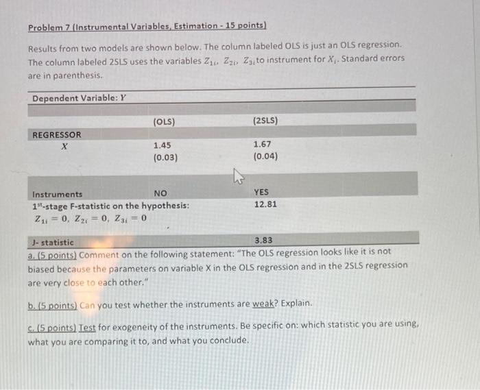 Solved Problem 7 (Instrumental Variables, Estimation - 15 | Chegg.com