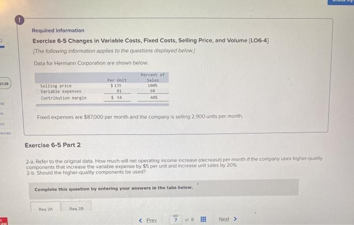 Solved Required information Exercise 6-5 Changes in Variable | Chegg.com