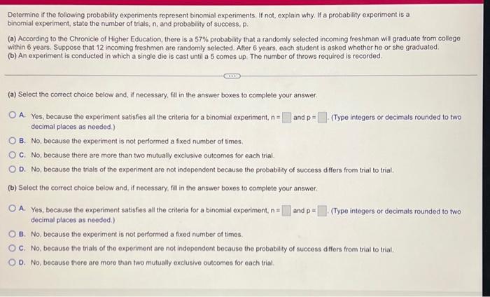 Solved Determine if the following probability experiments | Chegg.com