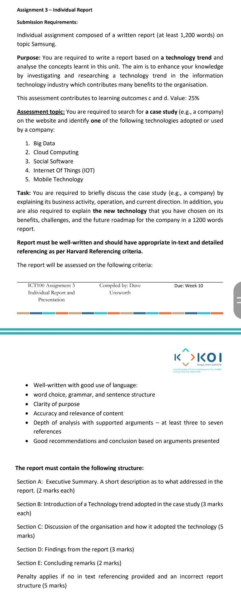 Assignment 3-Individual Report Submission | Chegg.com