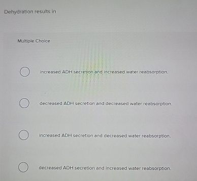 Solved Dehydration results inMultiple Cholceincreased ADH | Chegg.com