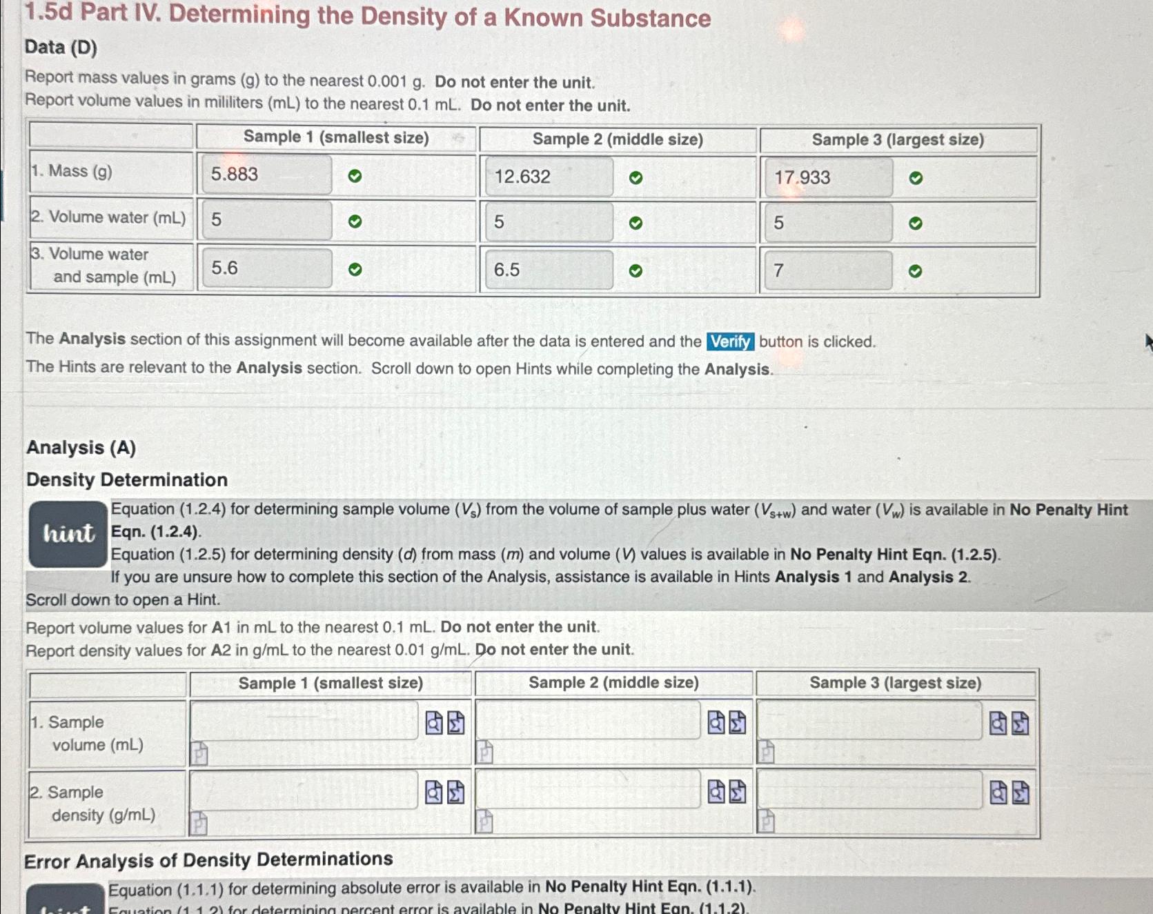Solved 1.5d Part IV. ﻿Determining the Density of a Known | Chegg.com