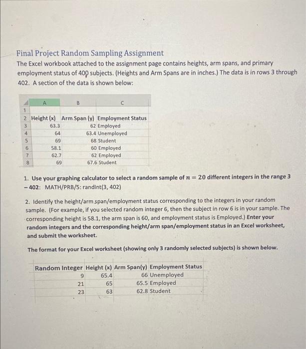 Final Project Random Sampling Assignment The Excel | Chegg.com