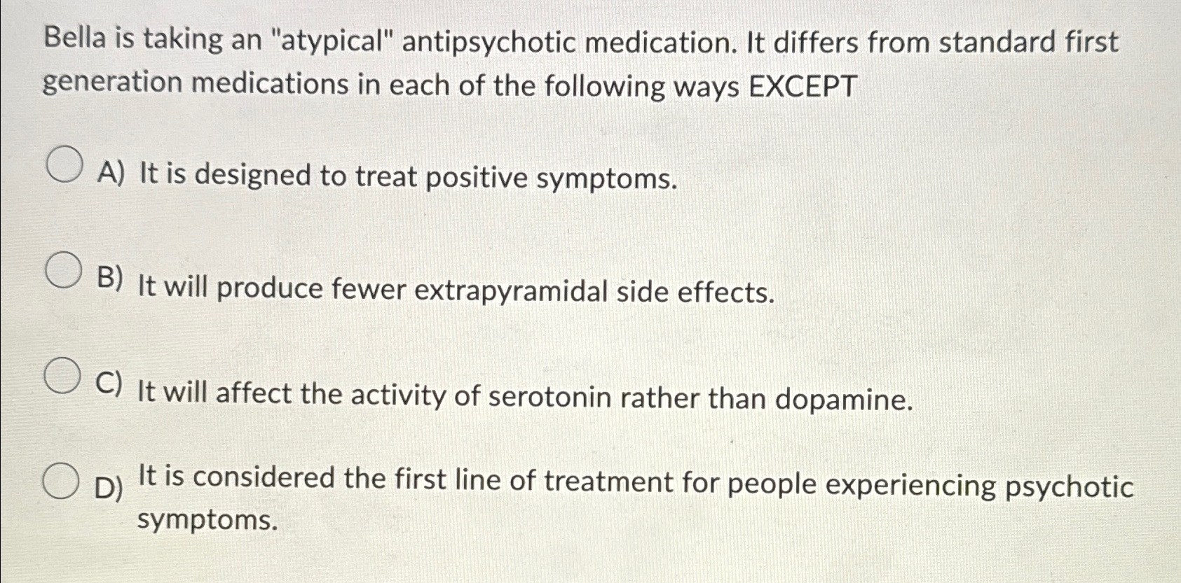 Solved Bella is taking an "atypical" antipsychotic | Chegg.com