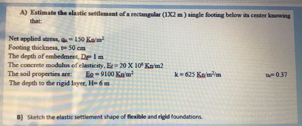 Solved A) Estimate the elastic settlement of a rectangular | Chegg.com