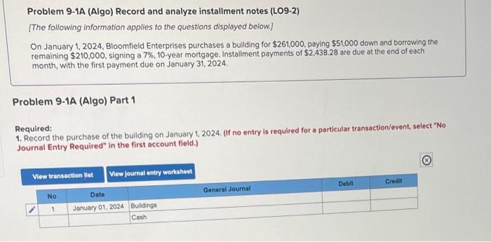 Solved Problem 9-1A (Algo) Record and analyze installment | Chegg.com