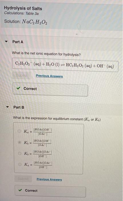 Solved Hydrolysis of Salts Calculations: Table 3a Solution: | Chegg.com