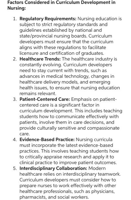 Solved curriculum development in nursingfactors considered | Chegg.com