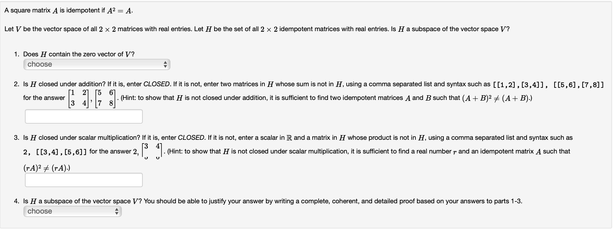 Solved A square matrix A ﻿is idempotent if A2=A.Let V ﻿be | Chegg.com
