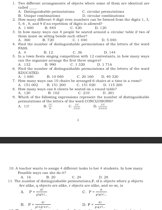 Solved A 360 1. Two different arrangements of objects where | Chegg.com