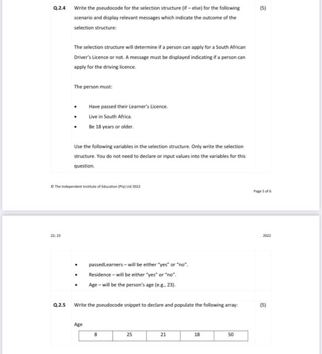 Solved Q.2.4 Write the pseudocode for the selection | Chegg.com