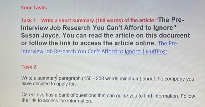 Your Tasks Task 1 - Write a short summary (100 words) | Chegg.com