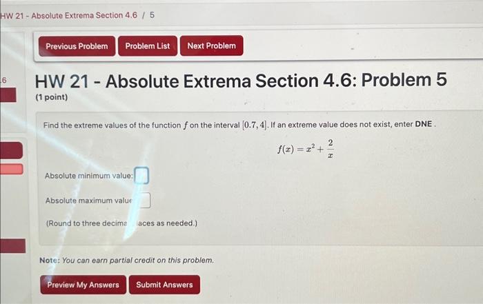 Solved HW 21 - Absolute Extrema Section 4.6: Problem 5 (1 | Chegg.com