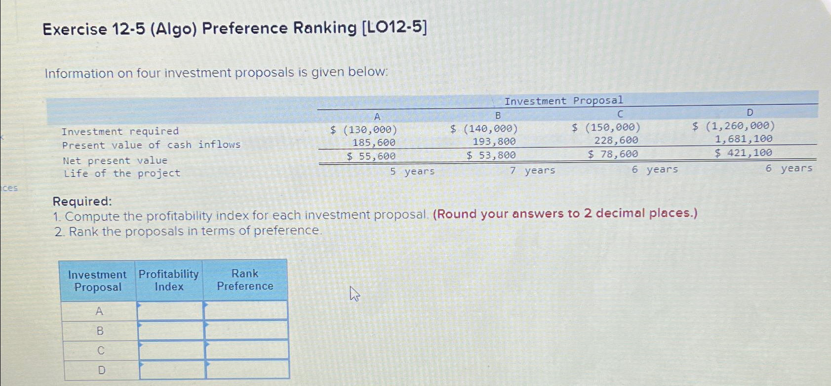 Solved Exercise 12-5 (Algo) ﻿Preference Ranking | Chegg.com