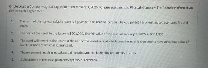 Solved Oriole Leasing Company signs an agreement on January | Chegg.com