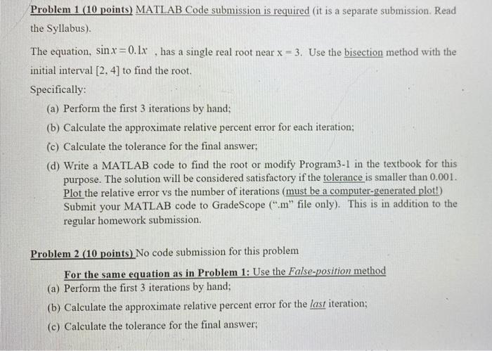 Solved Problem 1 (10 points) MATLAB Code submission is | Chegg.com