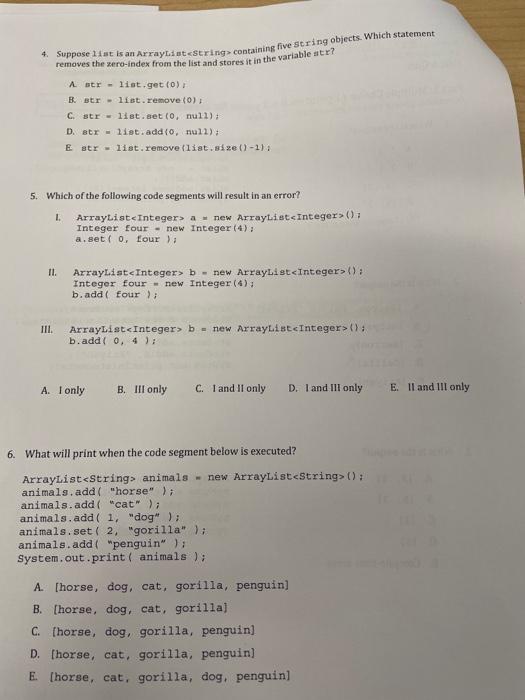 Solved 4. Suppose list is an ArrayList containing five | Chegg.com