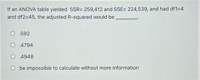 Solved If an ANOVA table yielded SSR =259,412 and | Chegg.com