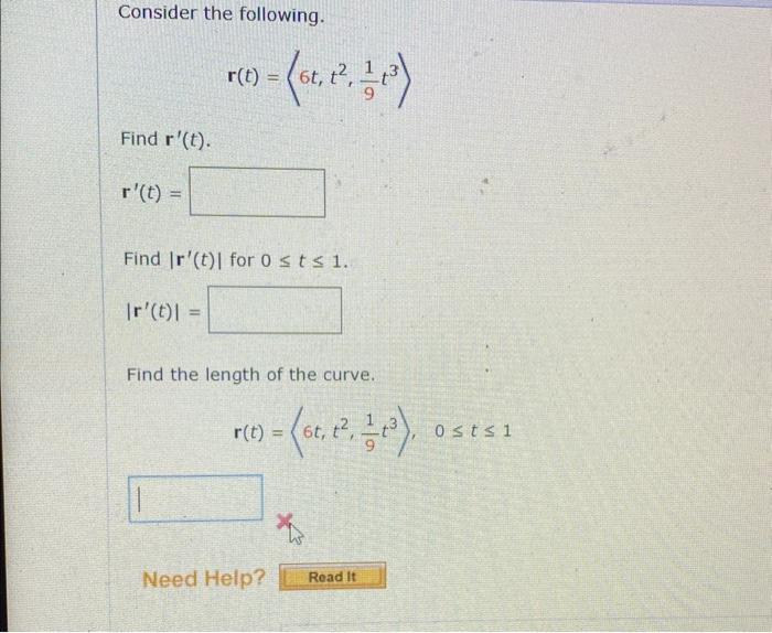 Solved Consider the following. r(t)= 6t,t2,91t3 Find r′(t) | Chegg.com