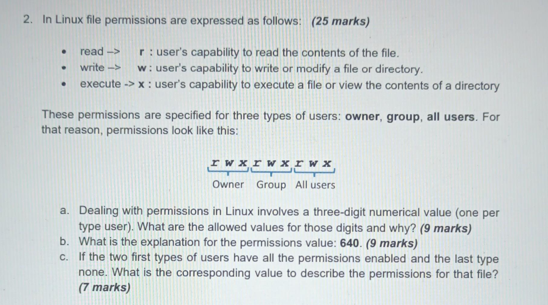 Solved 2. In Linux file permissions are expressed as | Chegg.com