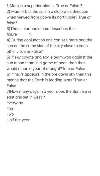 Solved 2) Mars orbits the sun in a clockwise direction when | Chegg.com