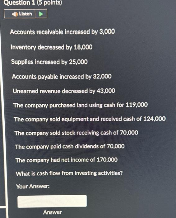 Solved Accounts receivable increased by 3,000 Inventory | Chegg.com