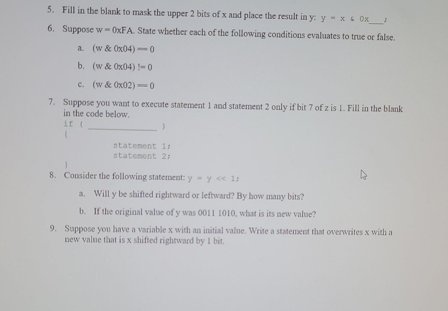 Solved 5. Fill in the blank to mask the upper 2 bits of x | Chegg.com