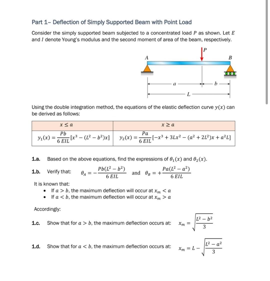 Solved Part 1 - Deflection of Simply Supported Beam with | Chegg.com
