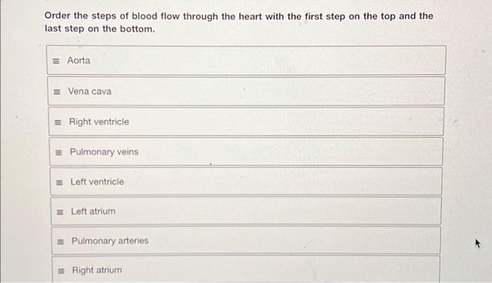 Solved Order the steps of blood flow through the heart with | Chegg.com