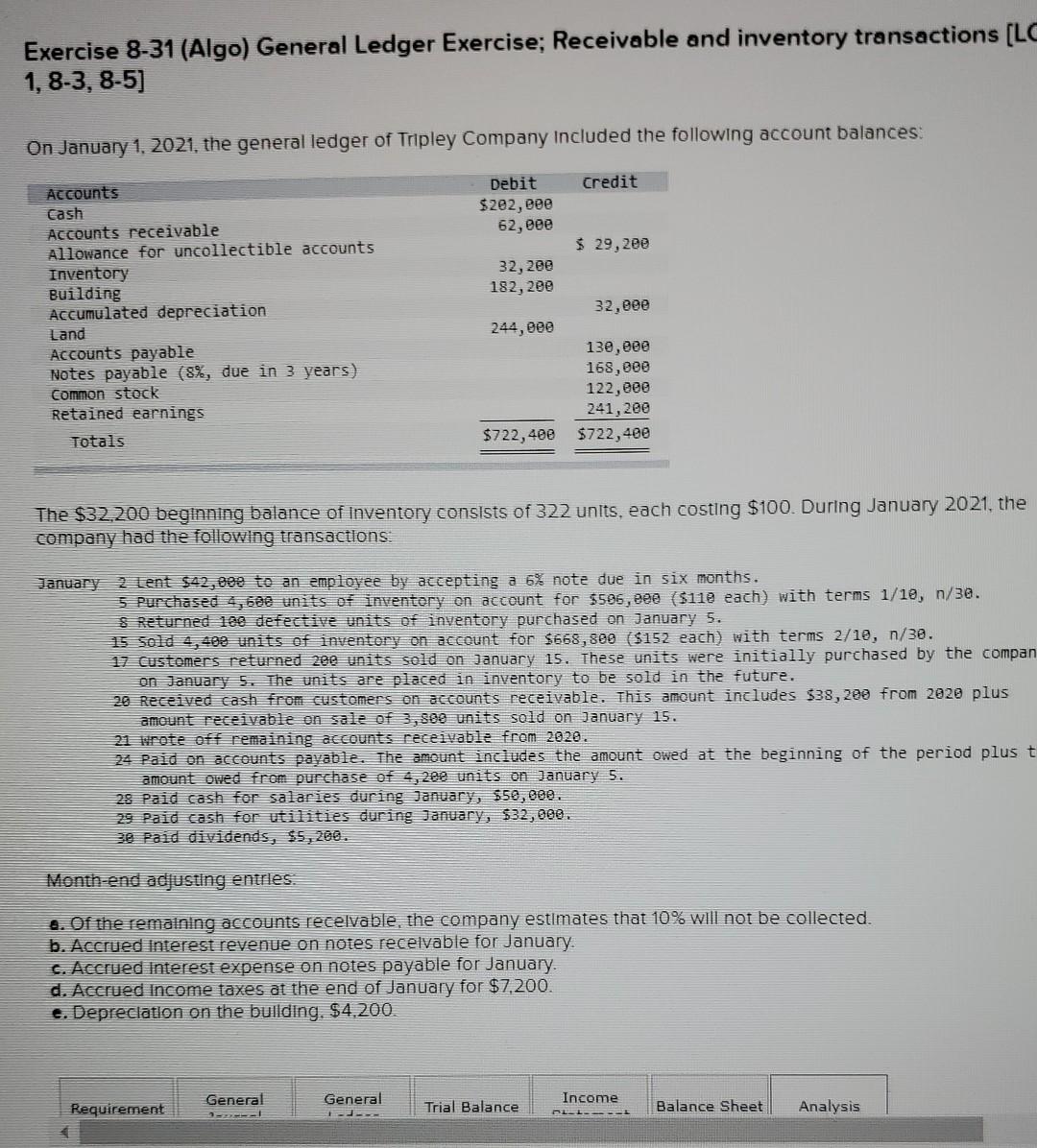 Solved Exercise 8-31 (Algo) General Ledger Exercise; | Chegg.com