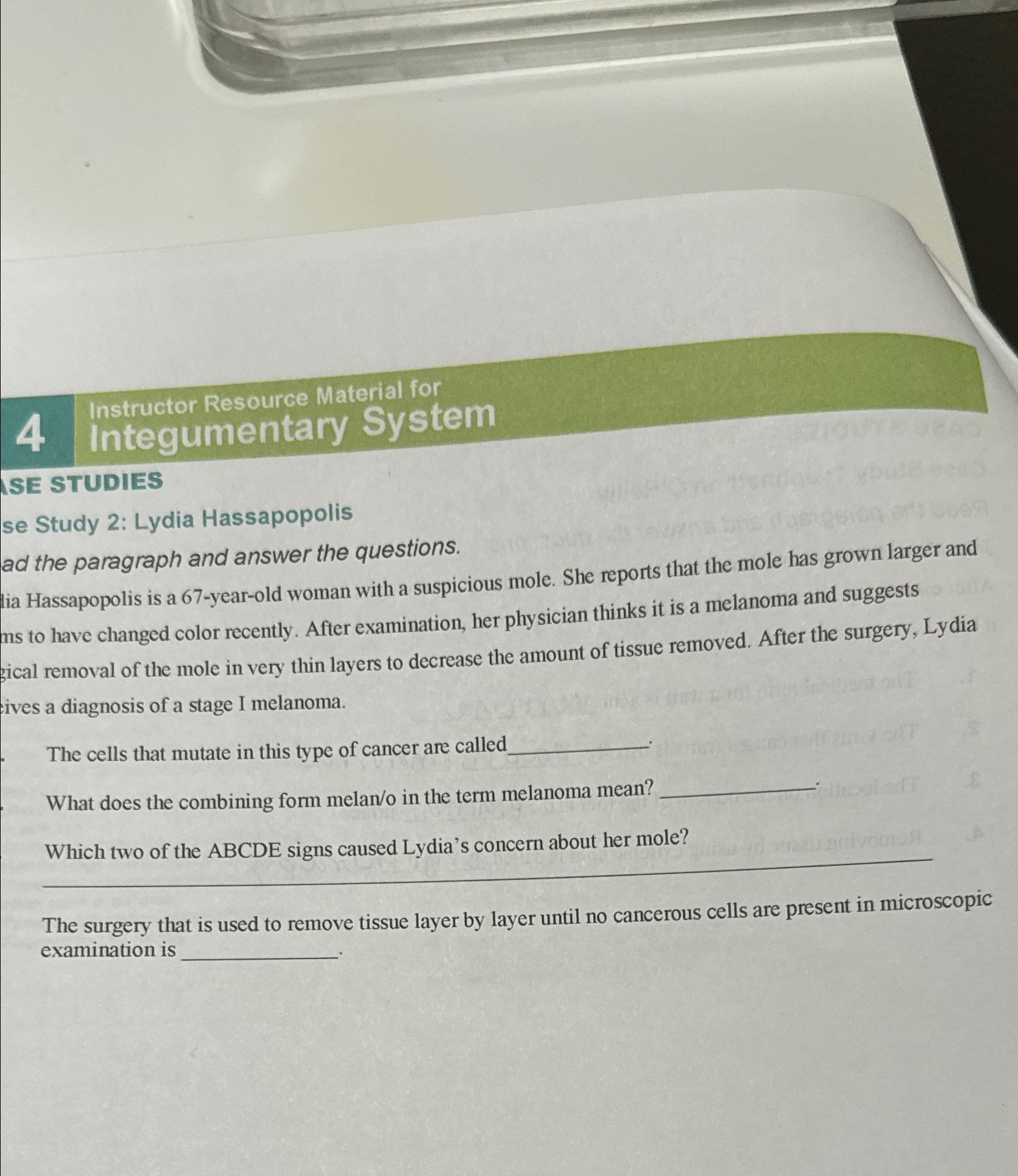 Solved 4Instructor Resource Material for Integumentary | Chegg.com