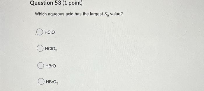 Solved Question 53 (1 point) Which aqueous acid has the | Chegg.com