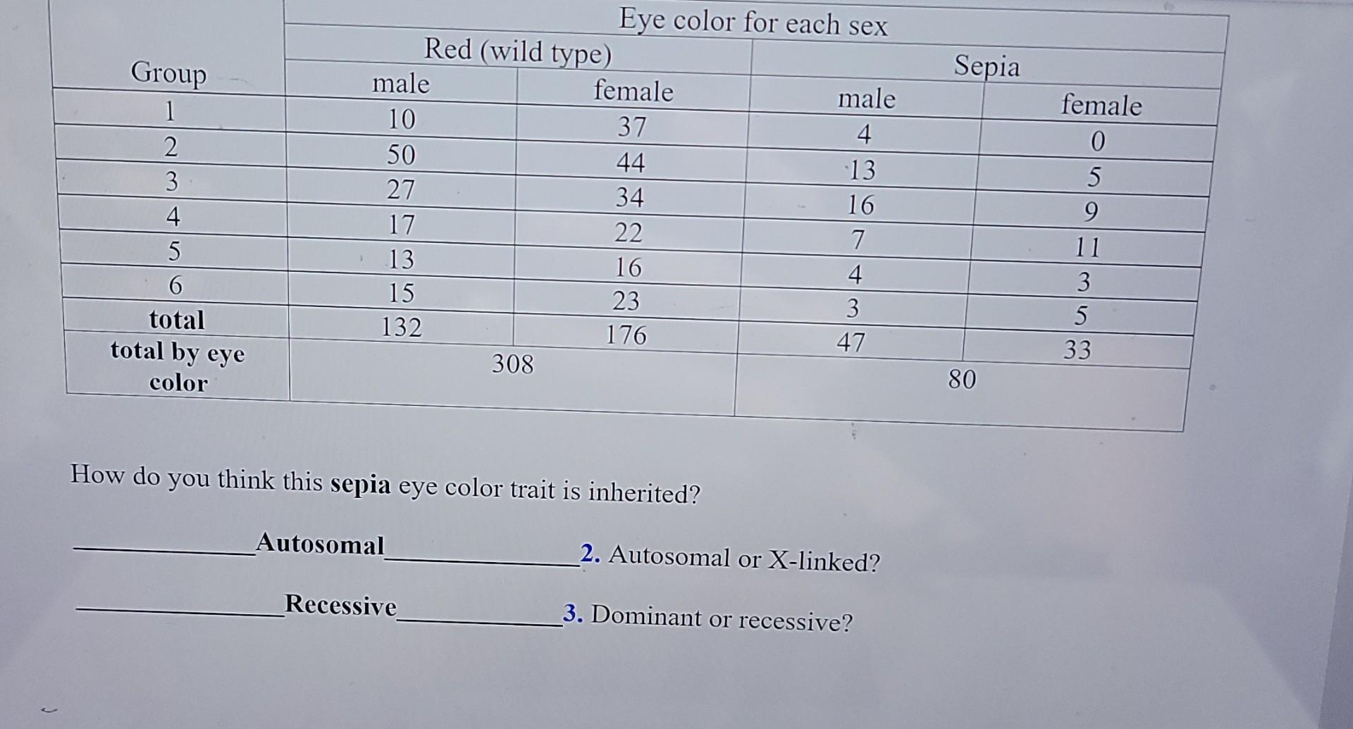 Solved Sepia 10 Group 1 2 3 4 5 6 total Eye color for each | Chegg.com